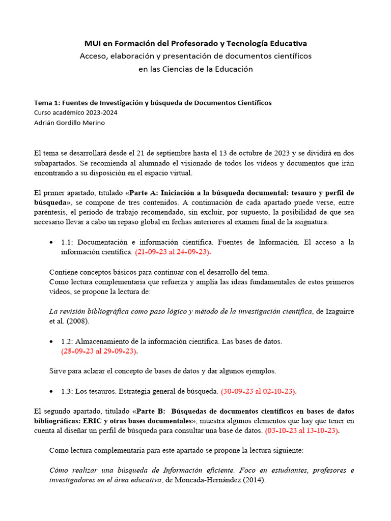 Orientaciones para El Estudio. Tema 1 - 2324 | PDF