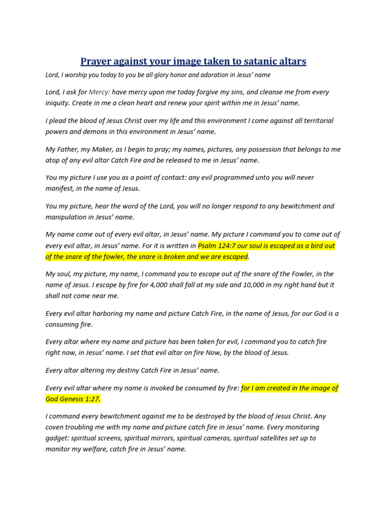 Prayers Against Your Image Taken To Altars | PDF