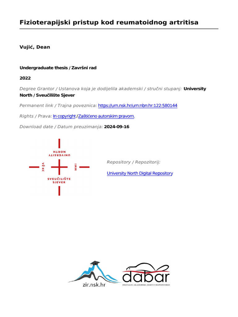 Fizioterapijski Pristup Kod Reumatoidnog Artritisa Vujic | PDF
