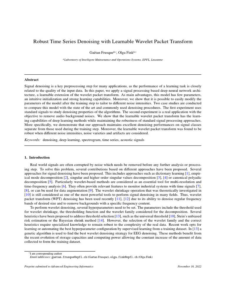 Robust Time Series Denoising With Learnable Wavelet Packet Transform | PDF