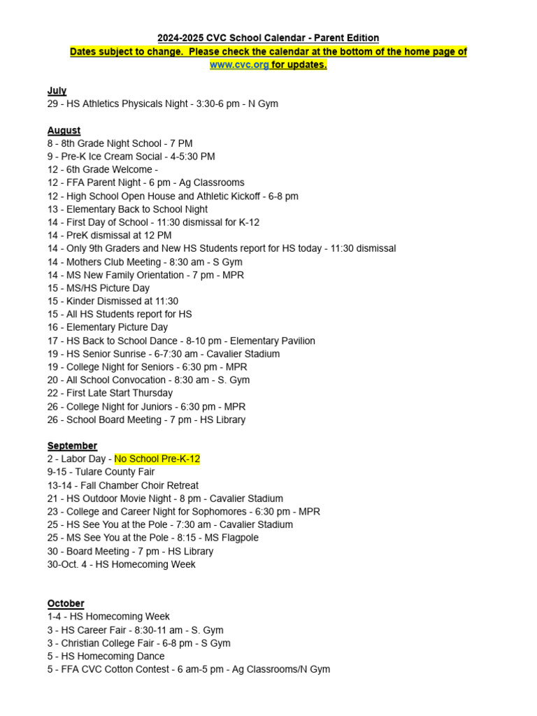 2024-2025 School Calendar - Parent Edition | PDF