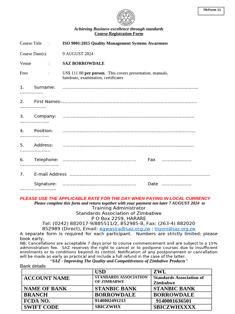 ISO 9001 QMS Awareness Registration Form AUGUST | PDF