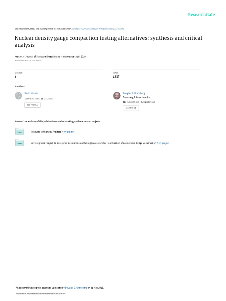 Nuclear Density Gauge Compaction Testing Alternatives Synthesis And Critical Analysis Pdf