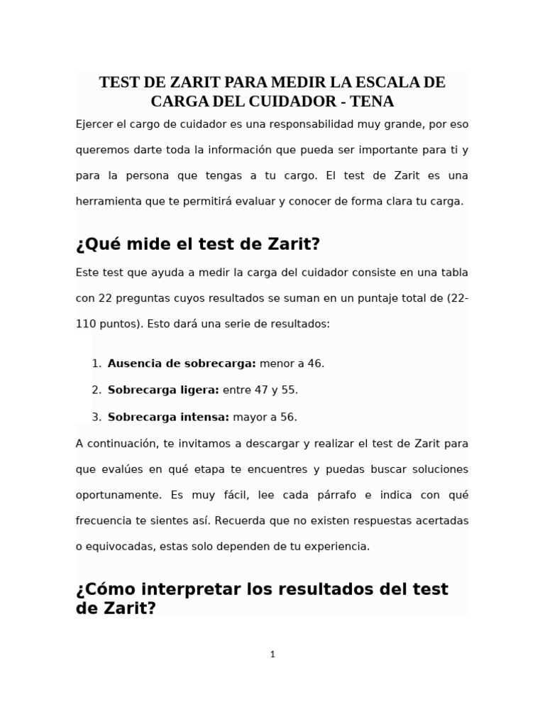 Test de Zarit para Medir La Escala de Carga Del Cuidador | PDF ...