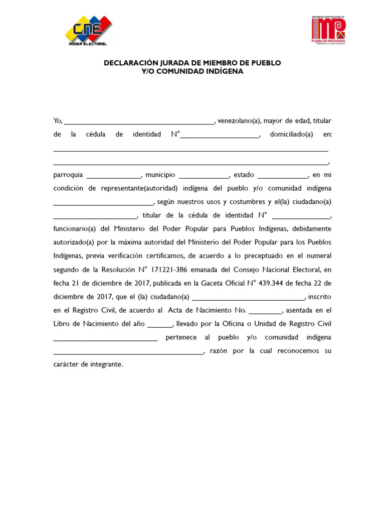 Declaración Jurada de Miembro de Pueblo o Comunidad Indígena | PDF