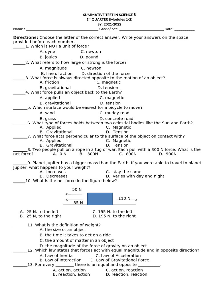 Science 8 Summative Test: 1st Quarter | PDF | Force | Weight