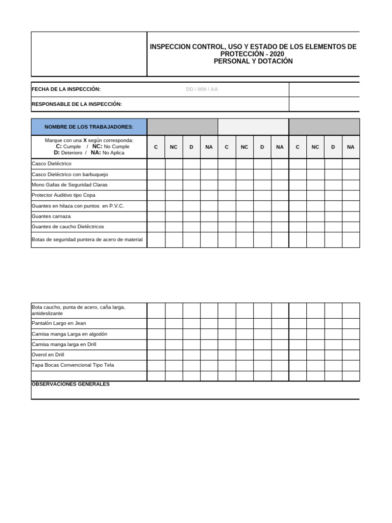 Formato. Inspección Control, Uso y Estado de Los Elementos de Protección - 2020 Personal y ...