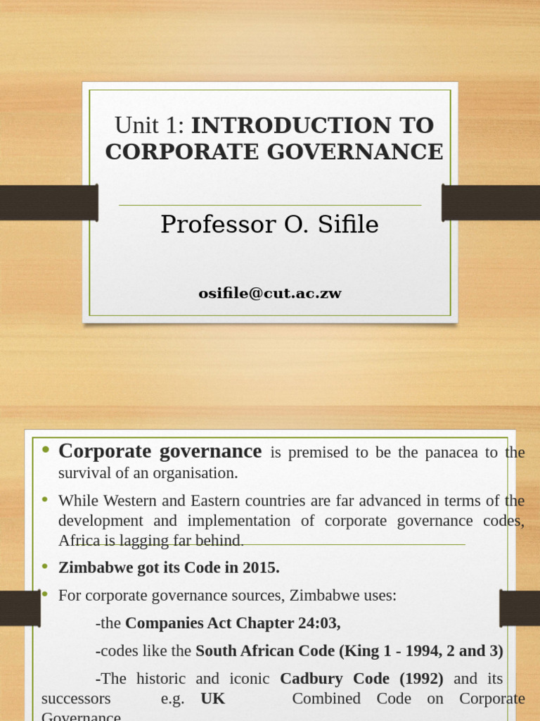 BCom Corporate Governance Lecturers Units CUT Slides | PDF