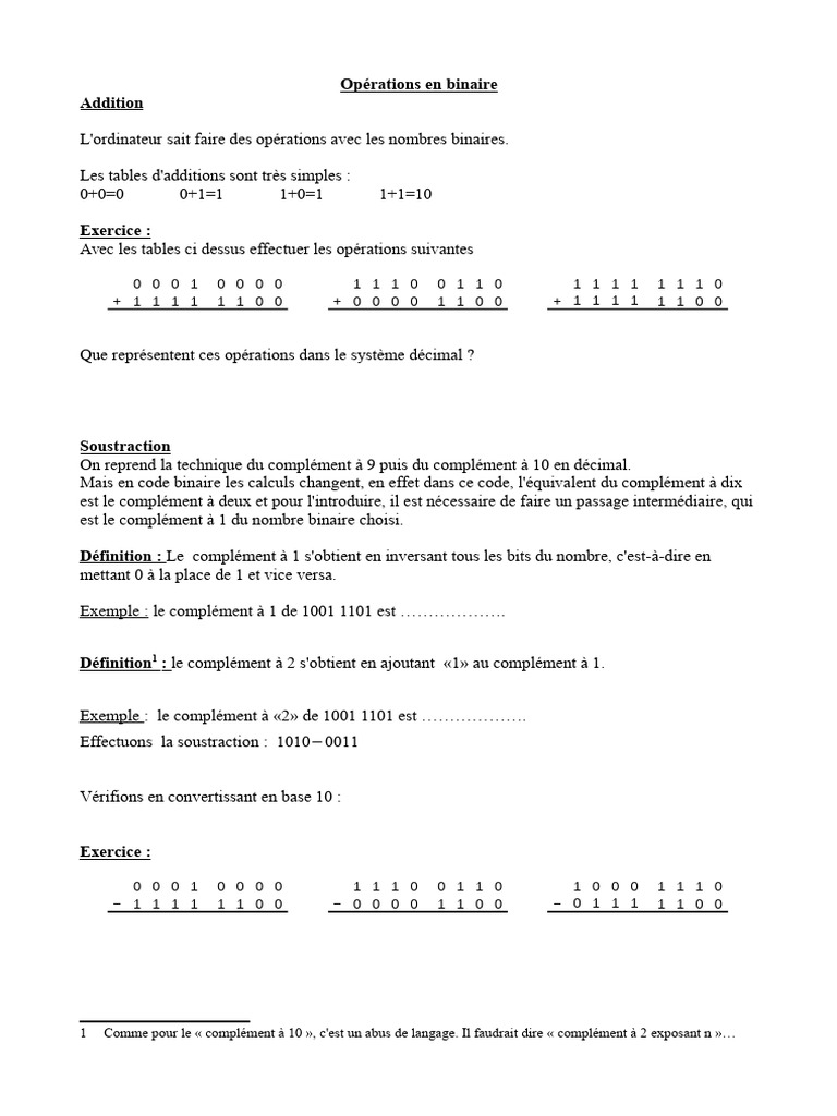 Atelier - Binaire - Fiche Operation - Binaire | PDF