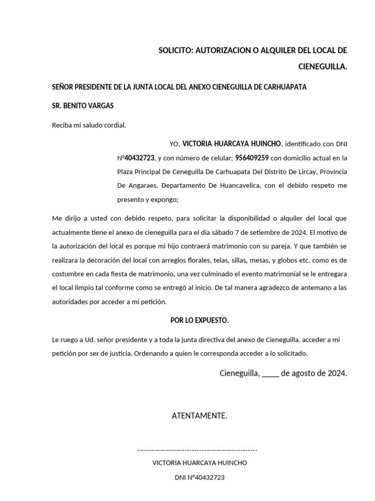 SOLICITUD Alquiler de Local Matrimonial | PDF