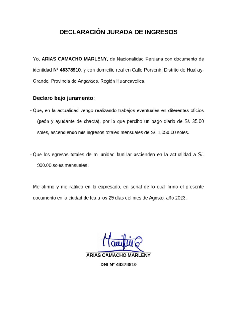 Declaración Jurada de Ingresos | PDF
