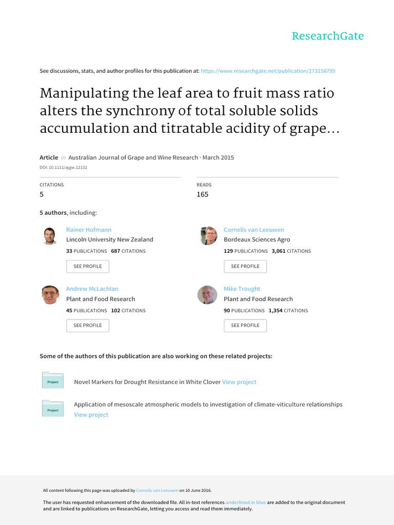 Manipulating The Leaf Area To Fruit Mass Ratio Alters The Synchrony of ...