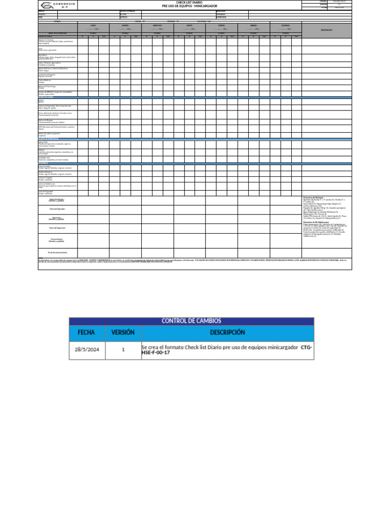 CTG-HSE-F-00-17 Check List diario Pre-uso de equipos minicargador V1 | PDF CTG-HSE-F-00-17 Check List diario Pre-uso de equipos minicargador V1 | PDF