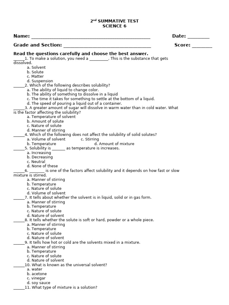 SCIENCE 6 - Q1 - Summative Test | PDF | Mixture | Career & Growth