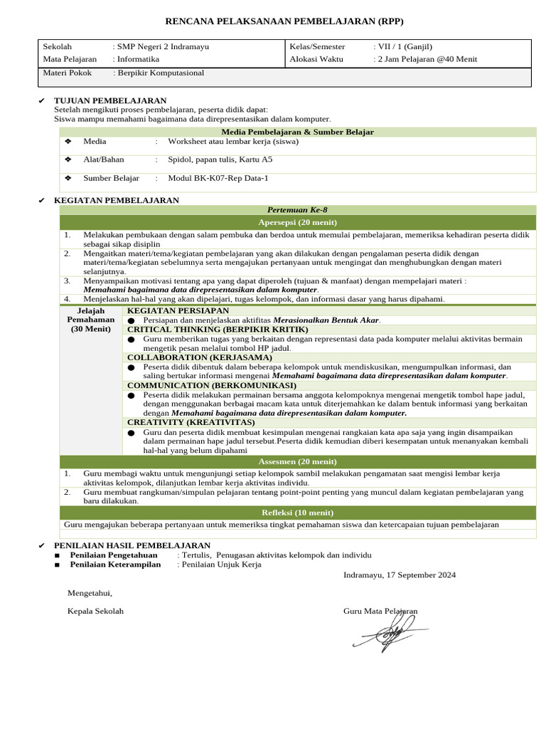 Supervisi RPP 1lembar SEM1 BAB 2 Representasi Data | PDF