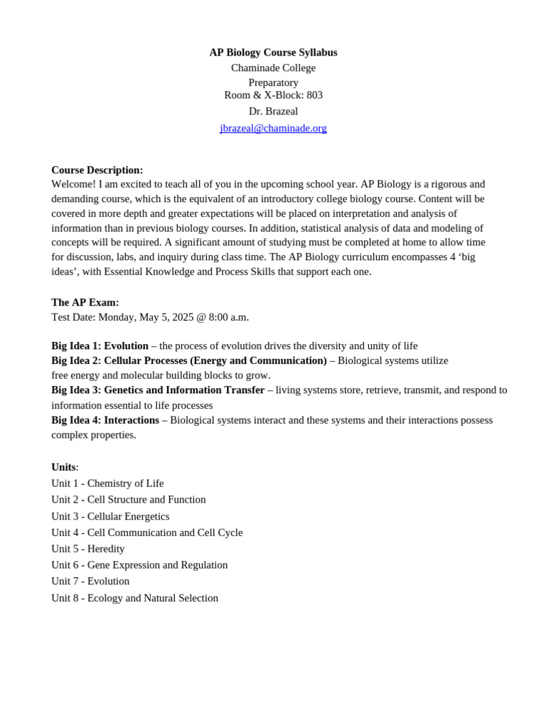 Ap Bio 2024 2025 Syllabus | PDF