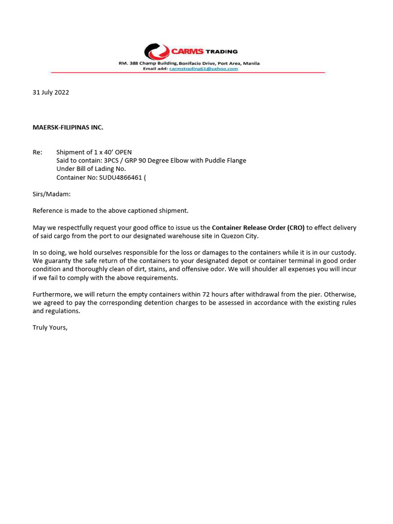 MAERSK CONTAINER GUARANTEE - CARMS TRADING 1x40 | PDF