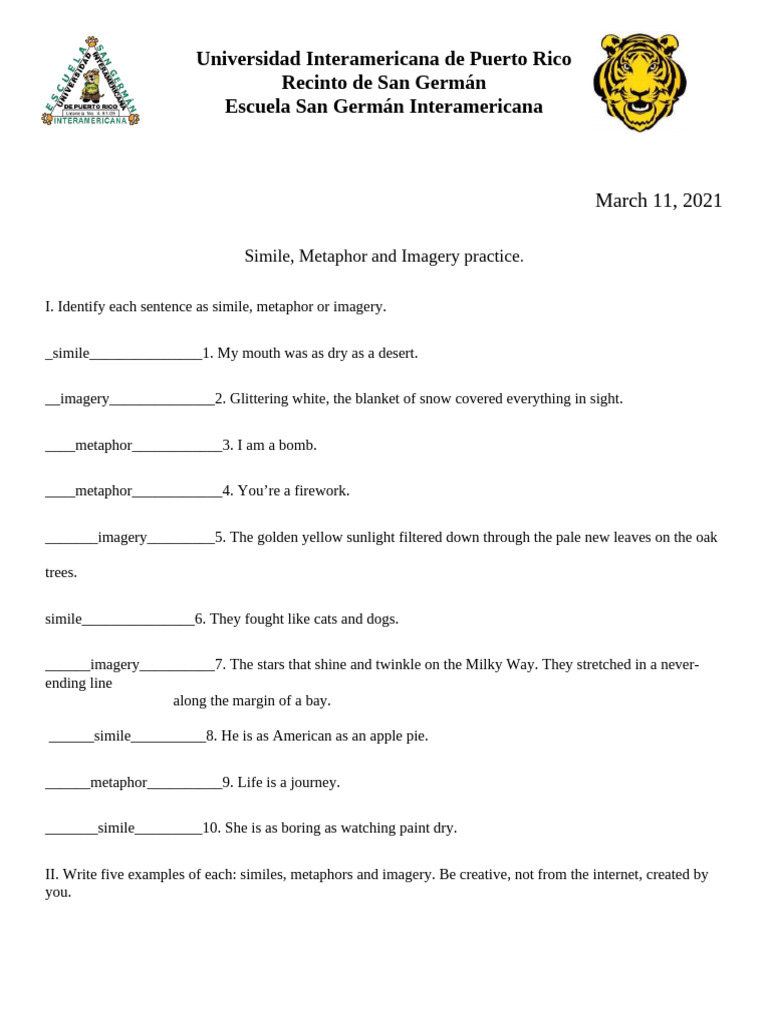 Simile, Metaphor and Imagery Practice 2021 | PDF