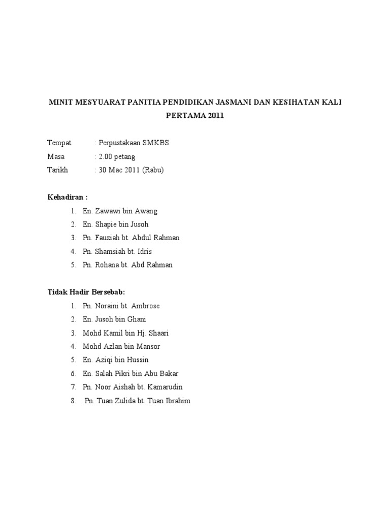 Minit Mesyuarat Panitia Pendidikan Jasmani Dan Kesihatan Kali Pertama 2011 | PDF