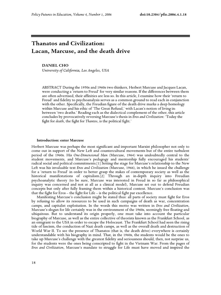 Cho 2006 Thanatos and Civilization Lacan Marcuse and The Death Drive | PDF