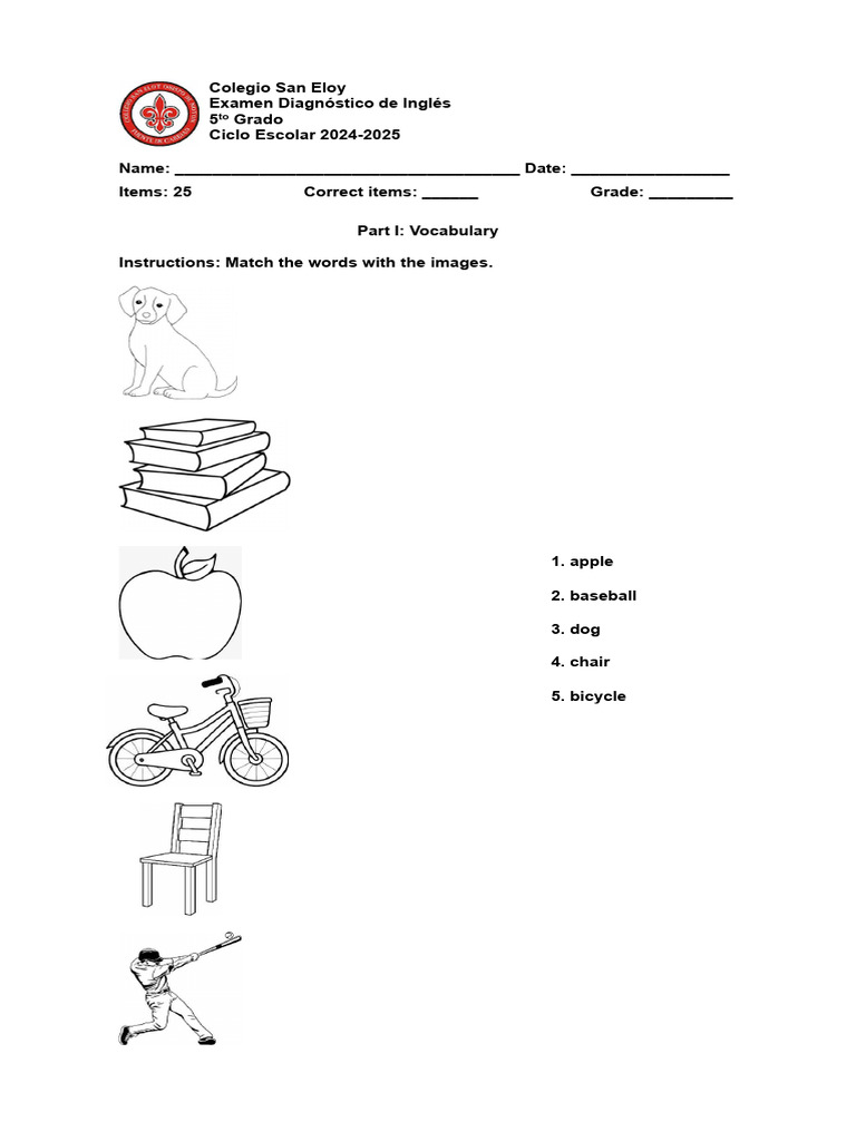 Exámen Diagnóstico Inglés 5th Grade | PDF