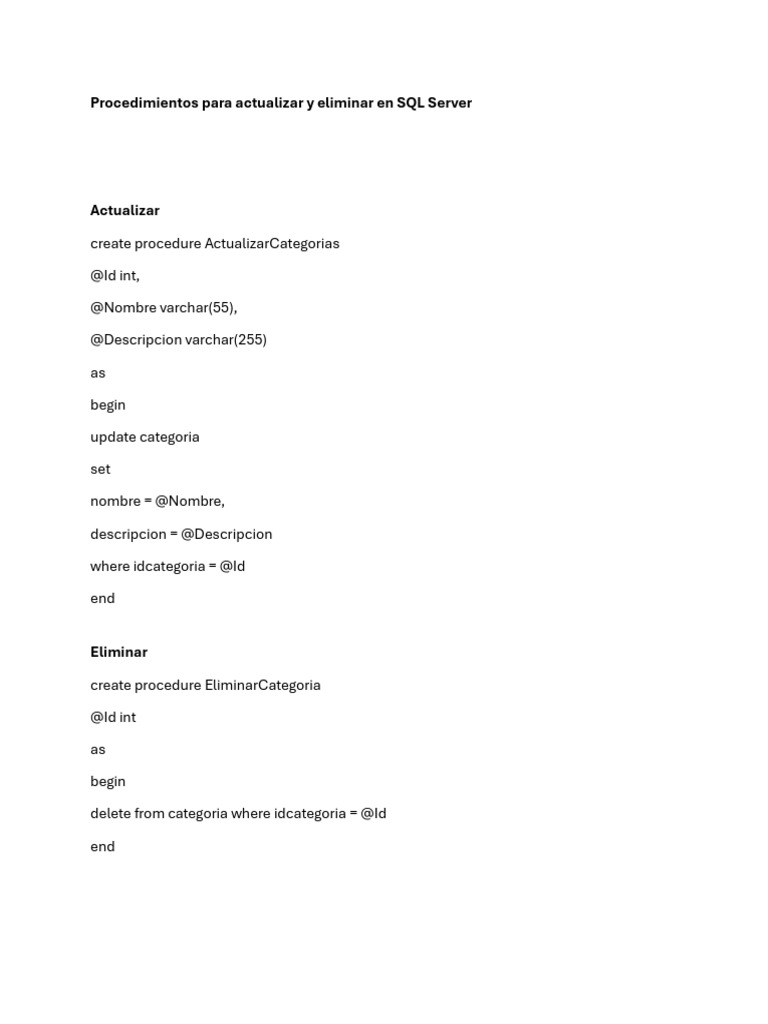 Procedimientos para Actualizar y Eliminar en SQL Server | PDF