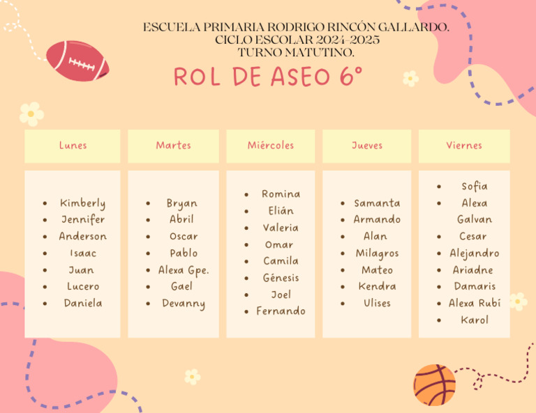 Rol de Aseo 6°, Escuela Primaria Rodrigo Rincón Gallardo. | PDF