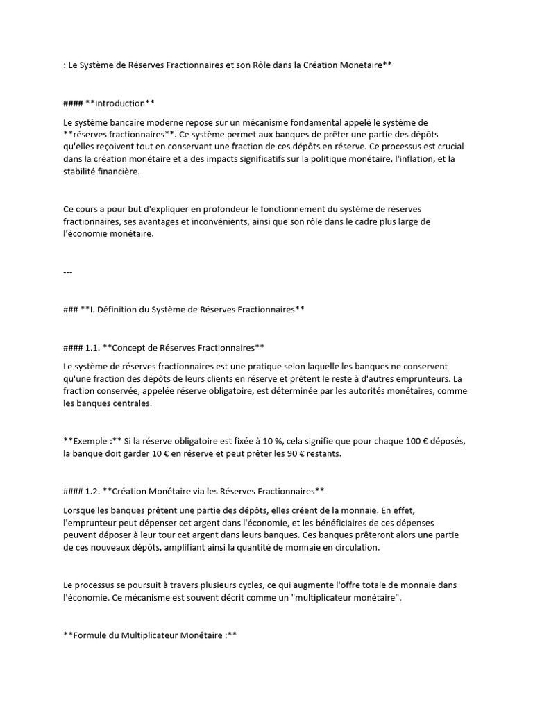 Le Système de Réserves Fractionnaires Et Son Rôle Dans La Création ...