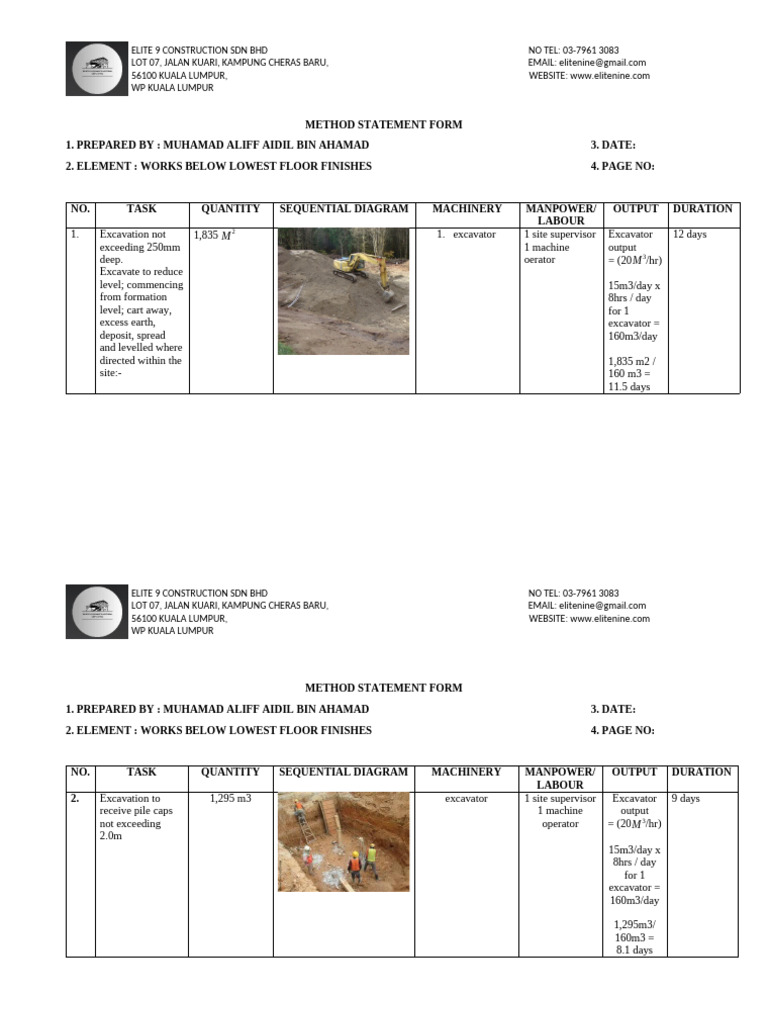 Method Statement for Excavation Works | PDF | Carpentry | Concrete