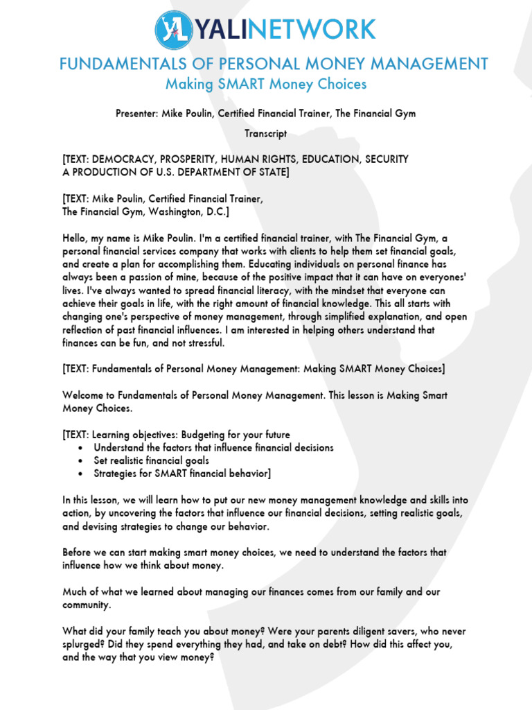 YALI Making SMART Money Choices Transcript | PDF | Goal | Money