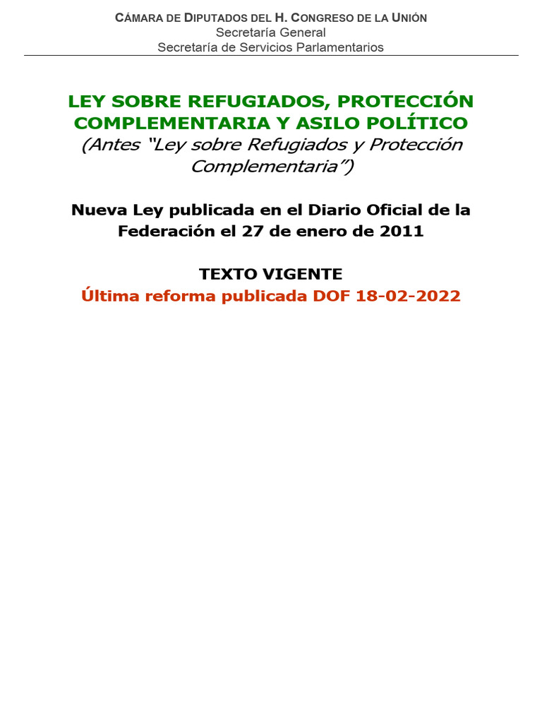 Ley Sobre Refugiados Proteccion Complementaria y Asilo Politico | PDF