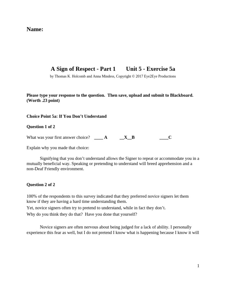 A Sign of Respect Part 1 - Unit 5 EXERCISE 5 | PDF