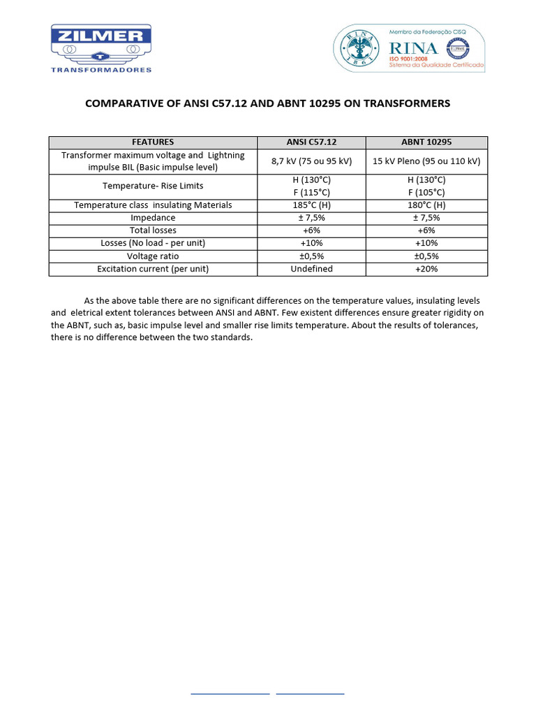 Comparative of Ansi C57.12 and Abnt 10295 On Transformers | PDF
