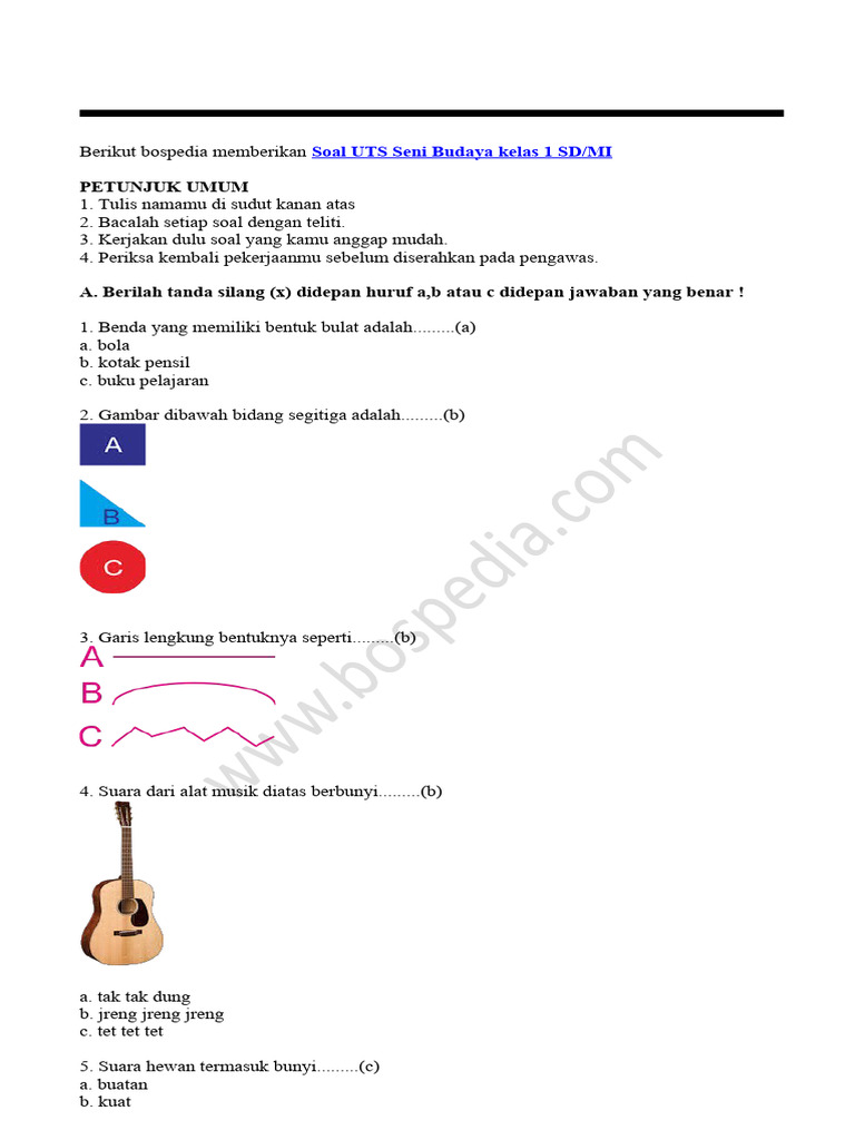 20 Contoh Soal UTS Seni Budaya Kelas 1 SD MI Dan Kunci Jawaban 1 | PDF
