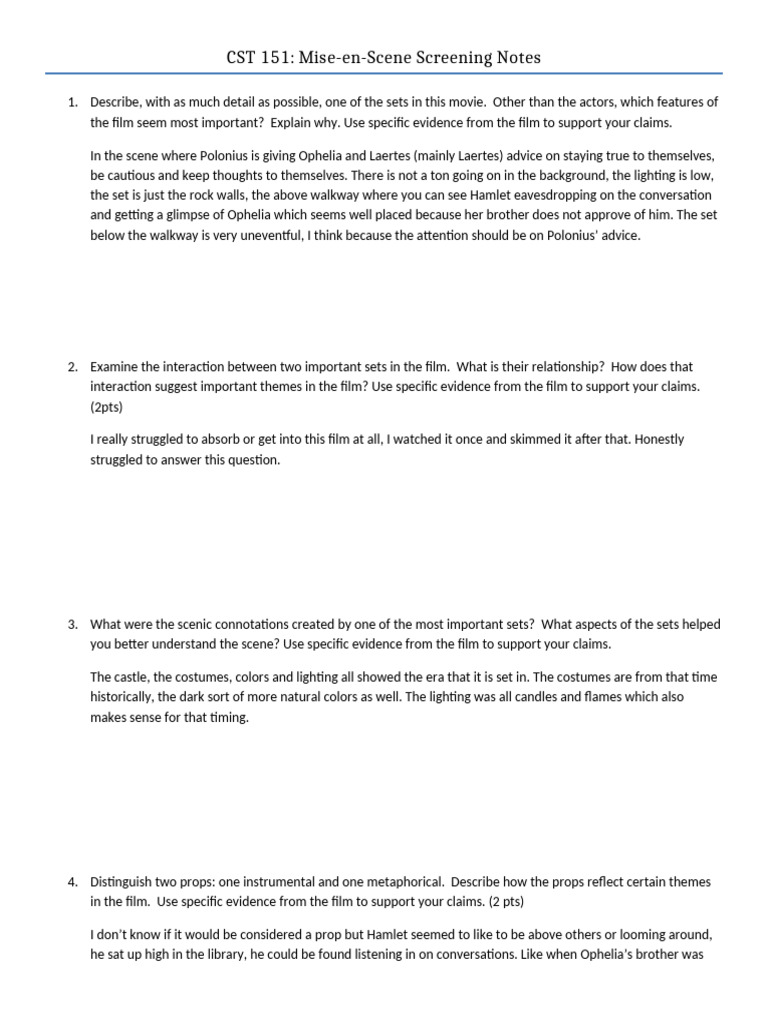 CST 151 - Mis-En-scene Screening Notes Brandi Bannister | PDF