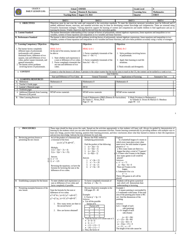 DLL Math Grade8 Quarter1 Week2 | PDF