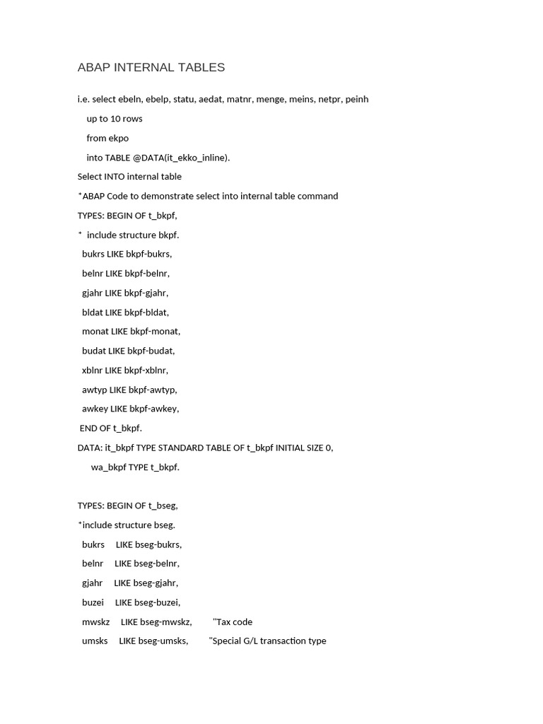 Abap Internal Tables | PDF