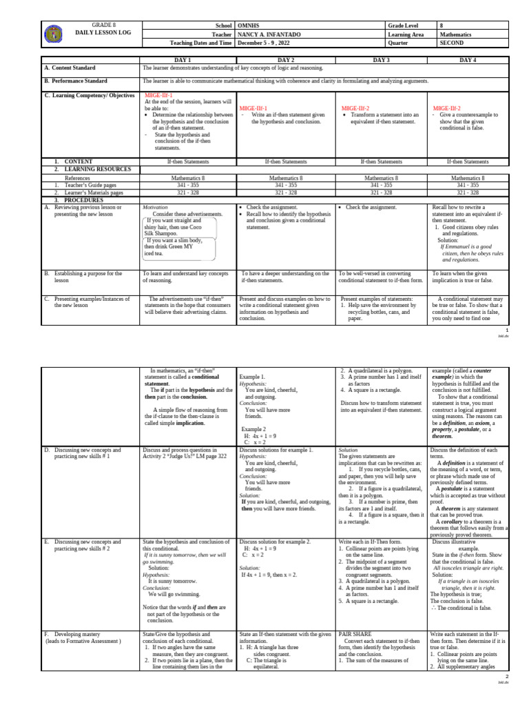 DLL Math Grade8 Quarter 2 Dec. 5-9 | PDF