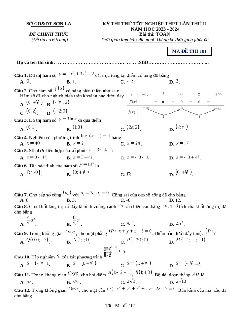 De Thi Thu Tot Nghiep THPT 2024 Mon Toan Lan 2 So GDDT Son La | PDF
