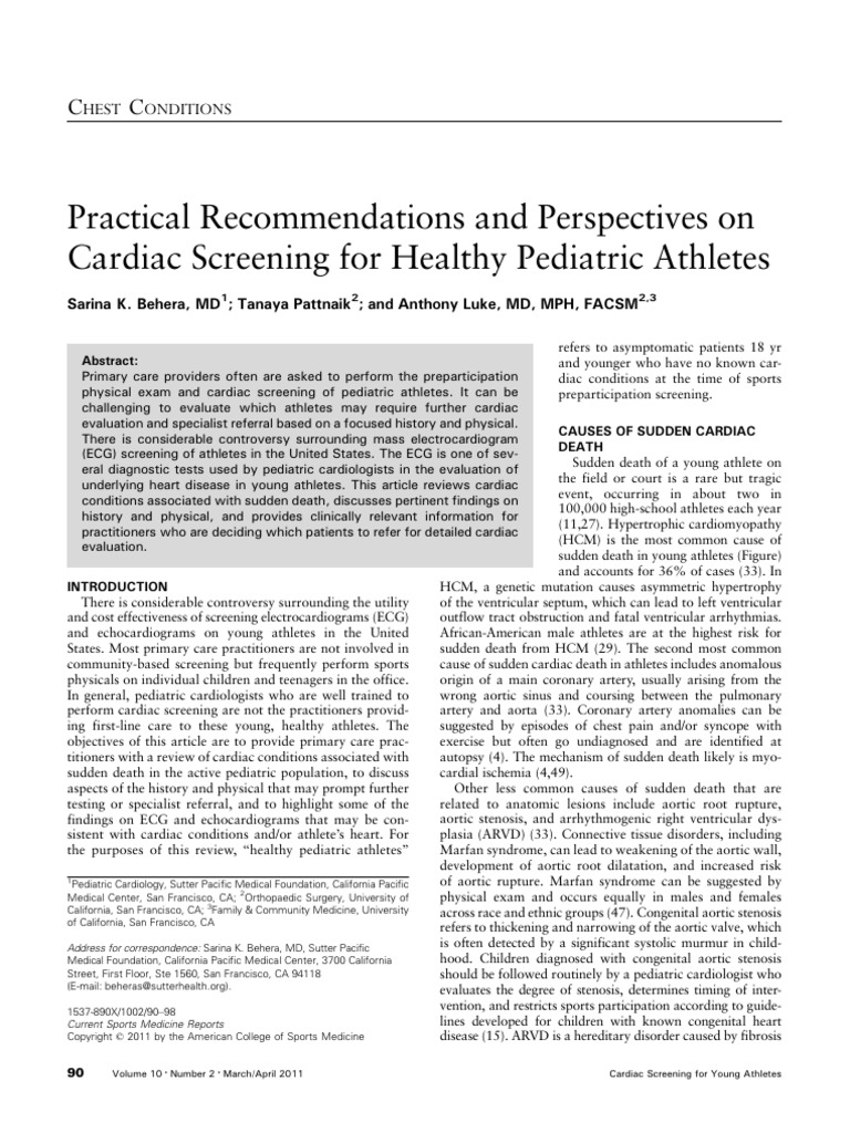 Cardiac Screening For Healthy Pediatrics Athletes | PDF