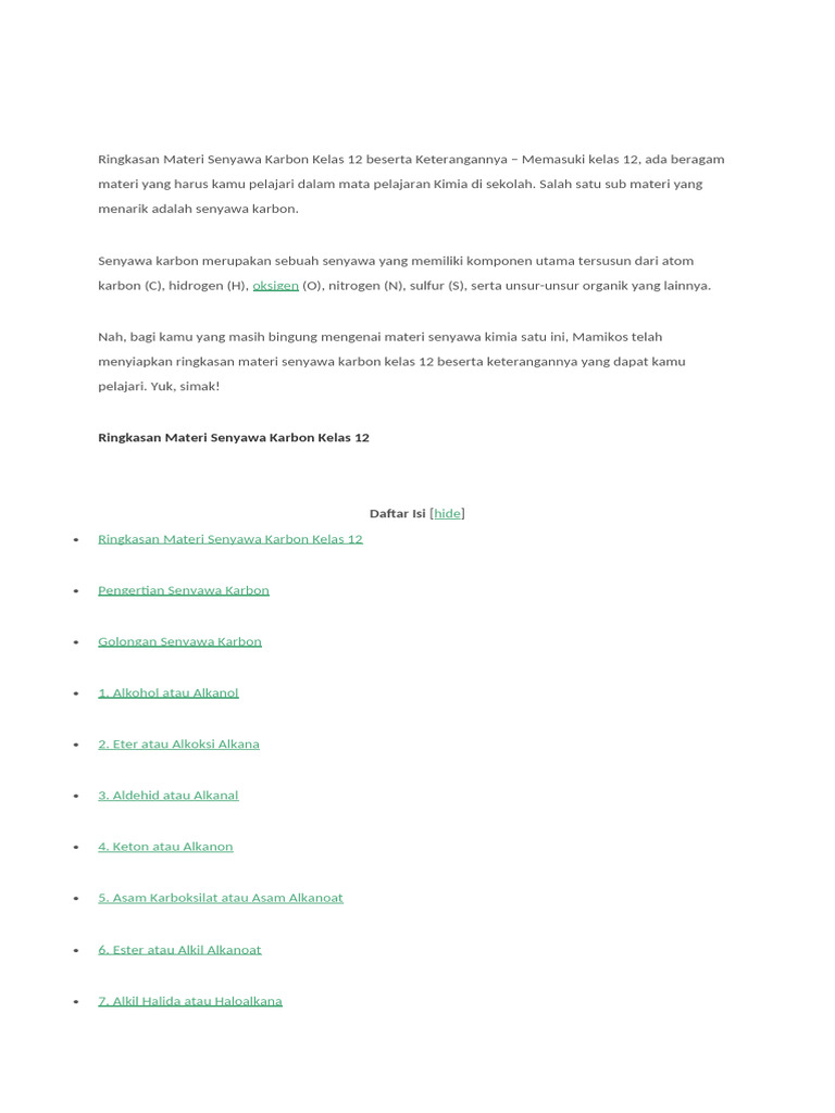Ringkasan Materi Senyawa Karbon Kelas 12 beserta Keterangannya | PDF