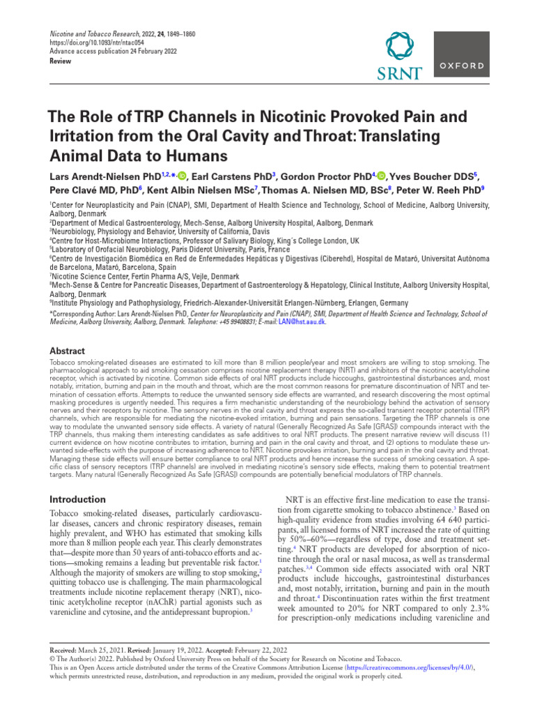 Semana 12 - The Role of TRP Channels in Nicotinic Provoked Pain and | PDF