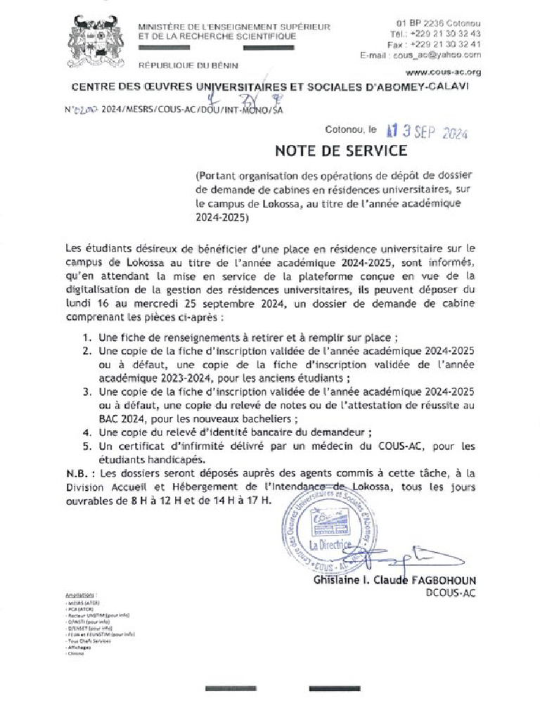 Note de service portant organisation des opérations de dépôt de dossier ...