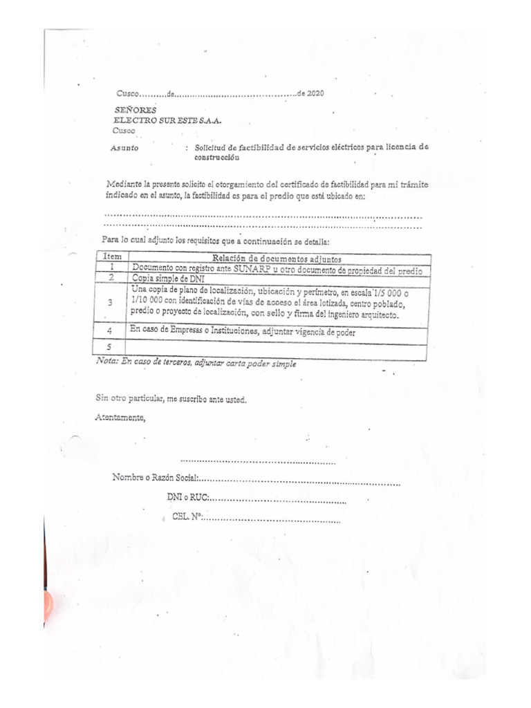 Solicitud de Factibilidad Eléctrica de Electro Sur Este | PDF