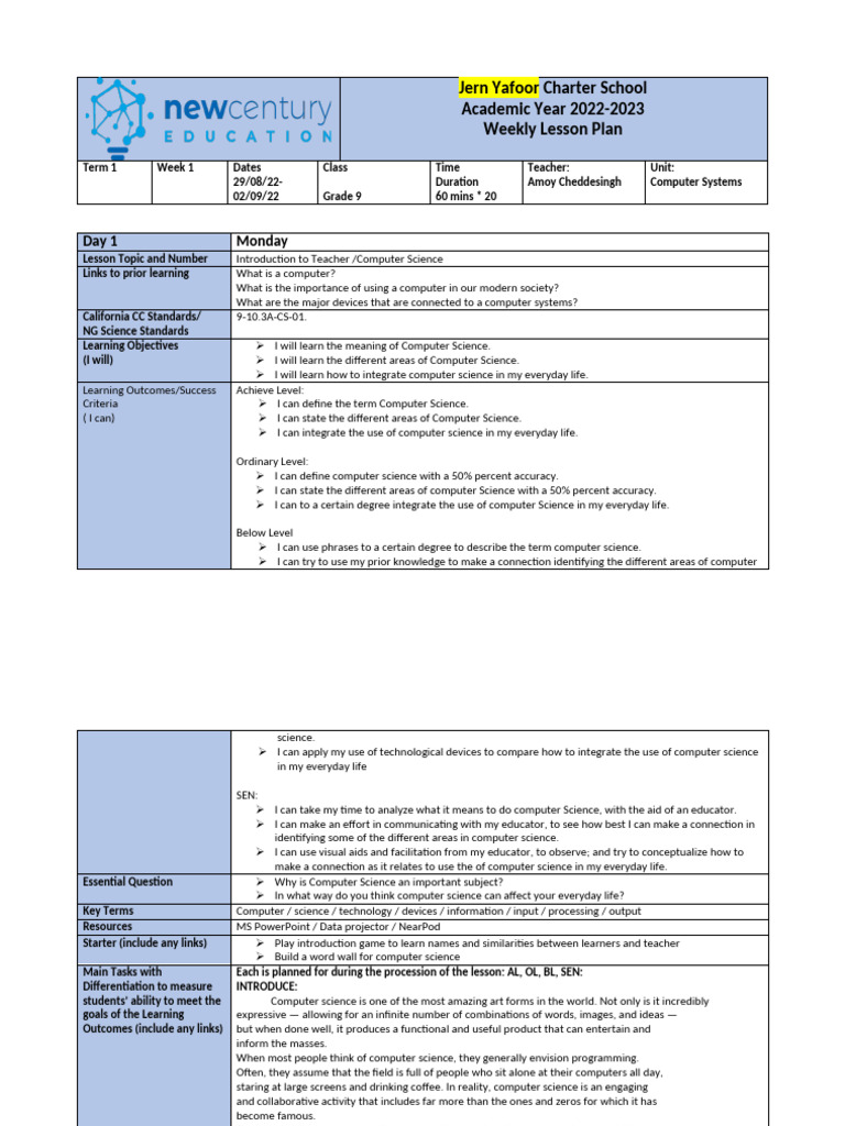 NCE Schools Lesson Plan-Week1 | PDF | Bios | Central Processing Unit