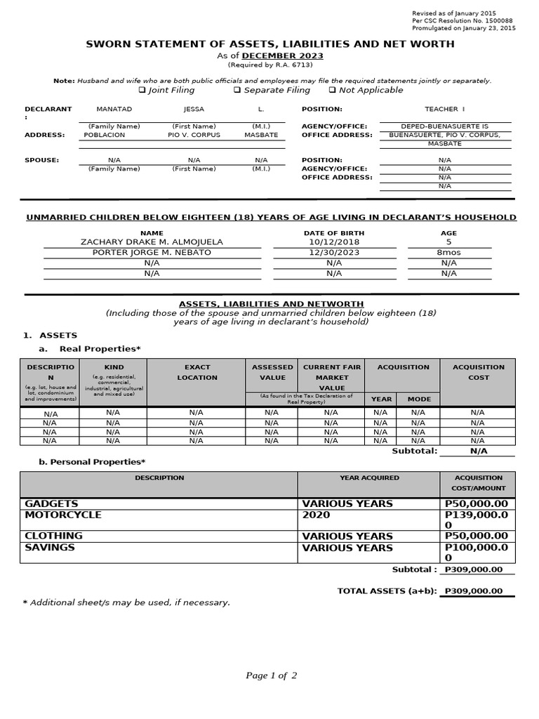 2015 SALN Form - JESSA - 070539 | PDF