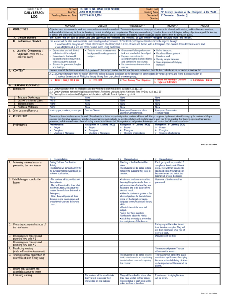 Daily Lesson Log 21st Century Lit Whole Sem Hcsedentario | PDF