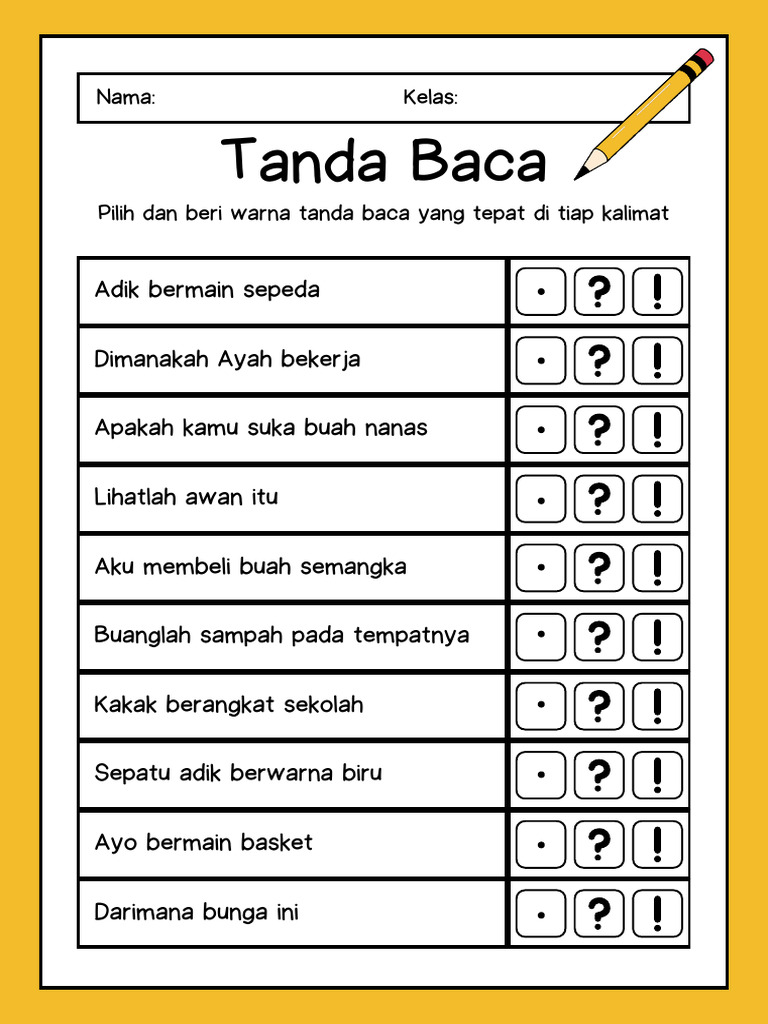 Lembar Kerja Pendidikan Bahasa Tanda Baca Ilustrasi Kuning Sederhana | PDF