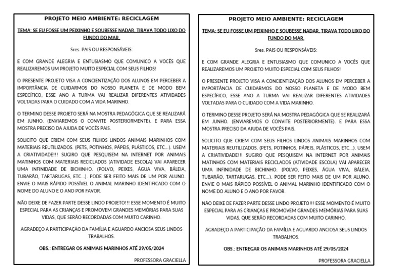 BILHETE ( PROJETO MEIO AMBIENTE) | PDF