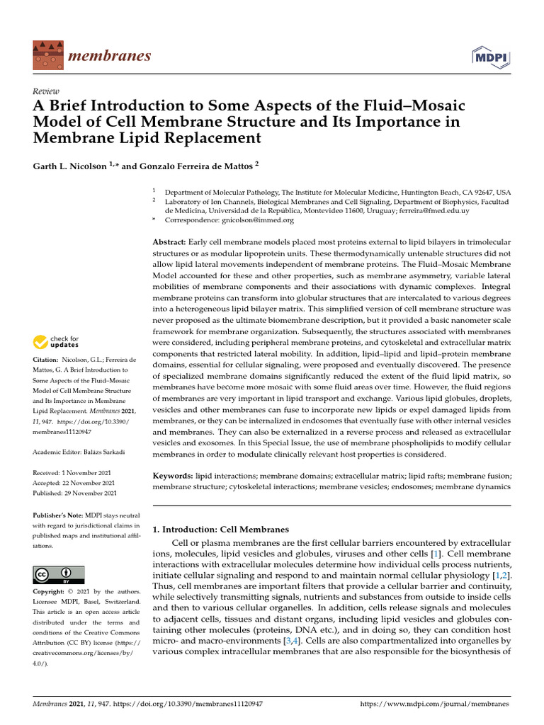 A Brief Introduction to Some Aspects of the Fluid–Mosaic Model of Cell Membrane Structure and ...